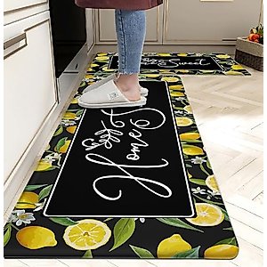 chiinvent Lemon Kitchen Rugs Anti Fatigue Kitchen Mats For Floor Black Yellow Non skid Washable kitchen Mats Set of 2 Cushioned Comfort Standing Mats for Laundry Office Sink,17.3x28 + 17.3x47 inch PVC