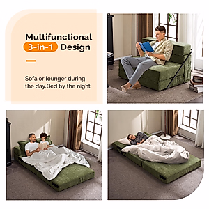 VINGLI Futon Sofa Bed Sleeper Sofa Chair Bed Twin Floor Sofa Bed Small Couch Folding Mattress Olive Green Couches for Living Room Floor Chair Freestanding RV Futon Couches for Indoor and Outdoor