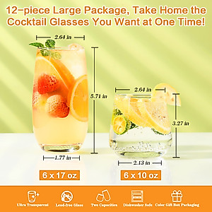 ISMASOAN Drinking Glasses Set of 12-6 Tall Glass Cups 17 oz and 6 Short Stemless Wine Glasses 10 oz,Glass Sets for Drinking,Glassware Sets,Drinkware Glasses Set,Mojito Glass, Gift Box Set