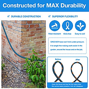 GREENER Heavy Duty Garden Hose 50ft, 5/8" Flexible Hybrid Rubber Hose, Kink-resistant Water Hose with Leakproof Swivel Grip, 3/4in Solid Fittings and Functional Nozzle, For Outdoor Garden Lawn