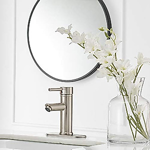 Greenspring Brushed Nickel Bathroom Faucet Single Hole Single Handle Aerator Spout Saving Water Lavatory Vanity Sink Faucet Matching Pop Up Drain with Overflow Mixer Tap Supply Line Lead-Free