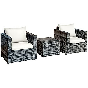 LUKEO 3 PC Patio Rattan Furniture Bistro Set Cushioned Sofa Chair Table White Single Sofa