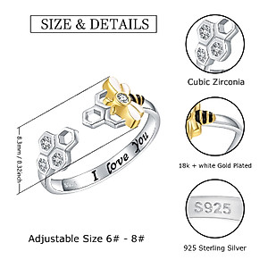 925-Sterling-Silver Honeycomb Bumble Bee Ring - I Love You Adjustable Gold Honey Bee Rings with Enamel CZ Cute Animal Beehive Nature Jewelry Gifts for Women (Honeycomb Bee Ring)