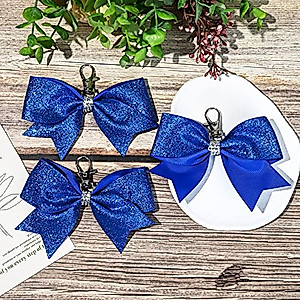 Aileam 6 PCS Cheer Bow Key Chain Glitter Blue Hair Bow with Rhinestones & Sequin for Girls Sports Cheerleader Accessories