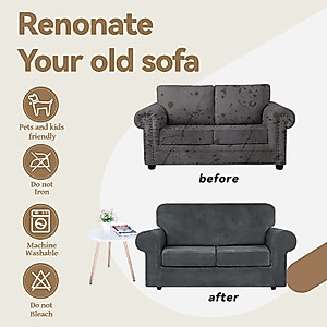 WEERRW Velvet Couch Covers for 2 Cushion Couch Sofa - High Stretch Luxury Velvet Plush 3 Pieces Sofa Slipcovers with Elastic Bottom, Furniture Protector for Pets, Machine Washable, Dark Grey, Medium