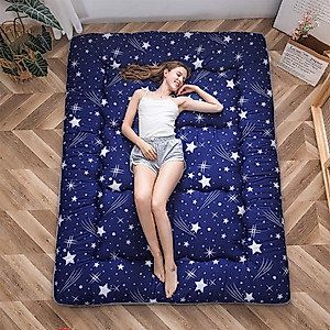 MAXYOYO Navy Starry Sky Japanese Floor Futon Mattress, Tatami Floor Mat Portable Camping Mattress Kids Sleeping Pad Foldable Roll Up Floor Lounger Couch Bed Twin Size with Mattress Cover