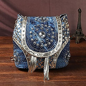 Alice Fan Denim Bag Jeans Tote Bag Fashion Women Handbag Multifunctional Backpack Shoulder Bag with Diamond and Tassel (Gold)