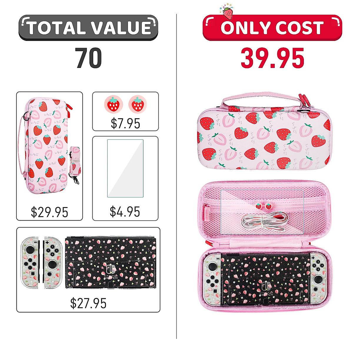 FANPL Cute Carry Case Bundle for Nintendo Switch OLED 2021, Cover Accessories Set with Pink Strawberry Travel Bag, Glitter Strawberry PC Shell, Adjustable Shoulder Strap, Thumb Grips, Screen Protector