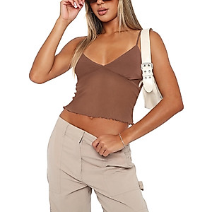 REORIA Women's Summer Sexy V Neck Sleeveless Adjustable Spaghetti Strap Sheer Mesh See Through Going Out Trendy Cami Camisole Y2k Crop Tops Coffee Small