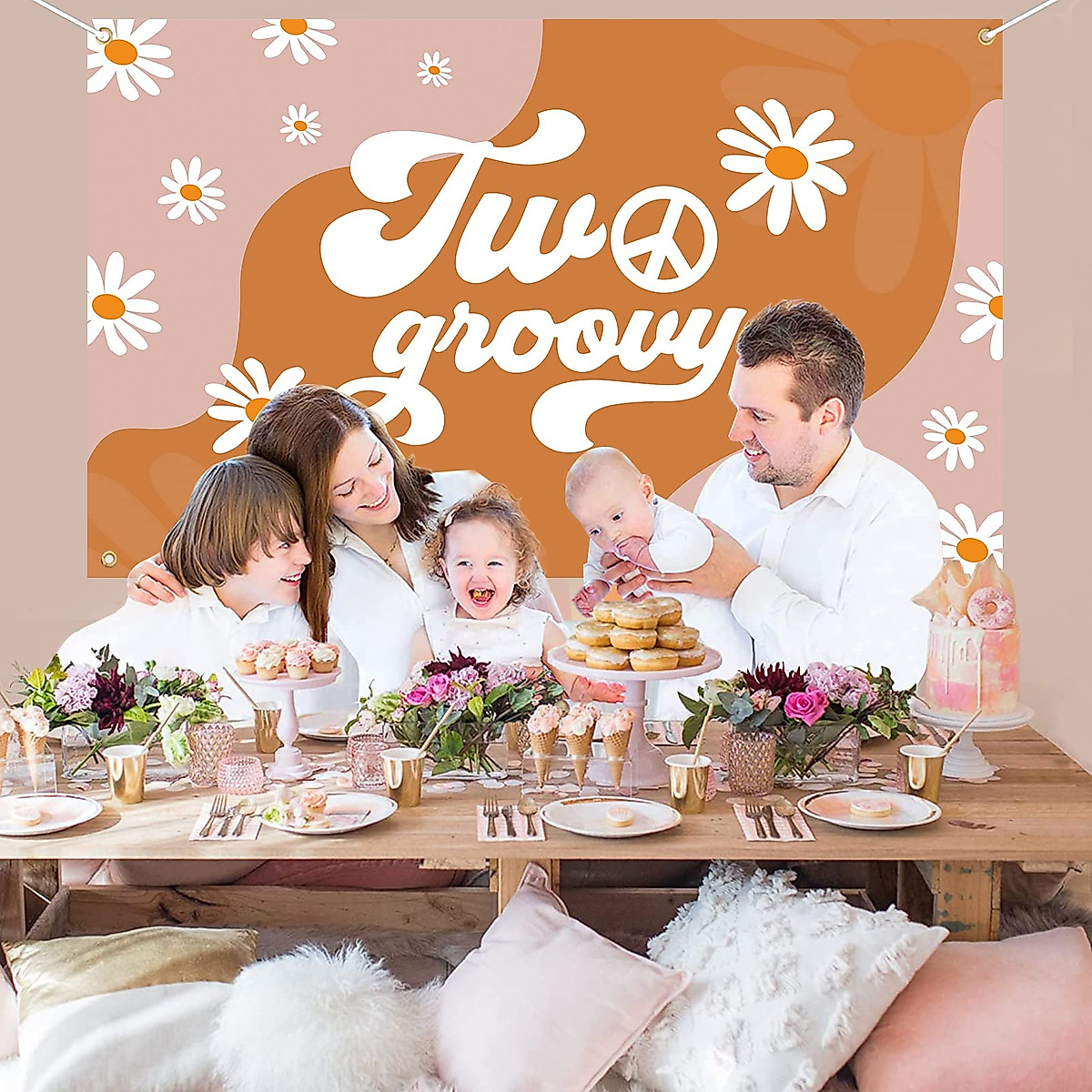 DARUNAXY Two Groovy Retro Hippie Boho Banner, 2nd Birthday Party Decoration 2 Year Old Birthday Party Supplies, Daisy Flower Groovy Backdrop for Baby Girls Hippie Theme Birthday Photography Background