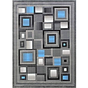 HR Abstract Blue/Silver/Gray Geometric Modern Squares Pattern 5x7 Area Rug (5'2" x 7'2")