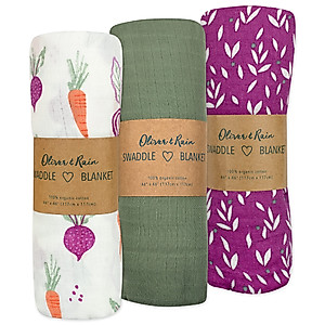 Oliver & Rain Organic Muslin Baby Girl Swaddle Blankets 3 Pack Receiving Blanket, Veggie Print, Purple Floral, Olive