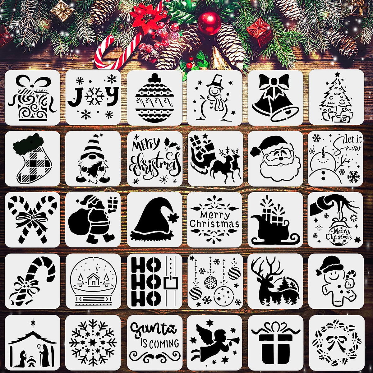 MAGIDOVE 30PCS Christmas Stencils 3x3 Inch Small Stencils for Painting on Wood Reusable Stencils for Craft Small Ornaments Merry Stencil (Christmas)