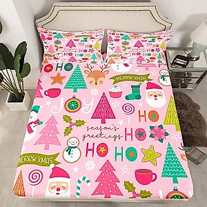 Erosebridal Pink Christmas Fitted Sheet, Cartoon Santa Claus Bedding Set Twin for Kids Boys Girls Women, Snowman Pine Bed Sheets Christmas Tree Cute Deer Bedding Decor Set Xmas Decor, 1 Pillowcase