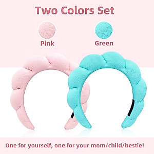 NewBang 2pcs Sponge Spa Headband for Women Terry Towel Cloth Fabric Skincare HeadBands Wristband for Washing Face Makeup Removal Shower Yoga Puffy Padded Soft Head Band Hairband Set Pink & Mint Green