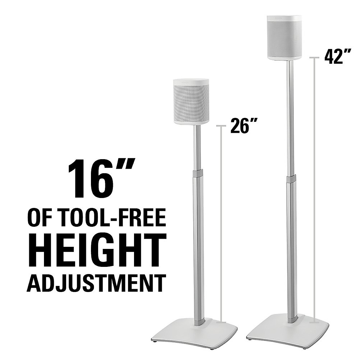 Sanus Adjustable Height Wireless Speaker Stands Designed for SONOS ONE, ONE SL, Play:1, and Play:3 - Tool-Free Height Adjust Up to 16" with Built in Cable Management - Single White…