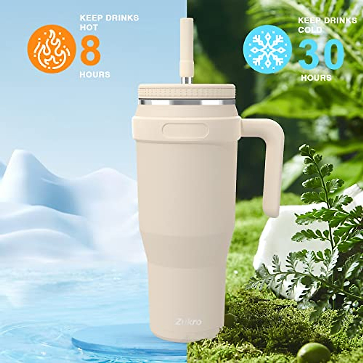Zukro 50 oz Mug Tumbler with Handle and Screw on Lid, Vacuum Insulated Stainless Steel Tumbler with Straw Lid, Leakproof Straw Cup, Keeps Drinks Cold 30 Hours, Fit in Cup Holder - Beige