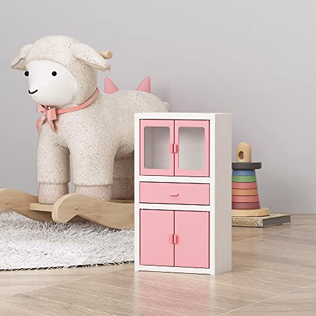 MIOCASA Mini Metal Locker Collectible Furniture Glass Door Display Cabinet for Classroom, School, Home, 14.25" Tall x 7.91" x 3.98" (Pink)