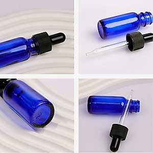 HWASHIN 48 Pack 1/2 oz (15ml) Cobalt Blue Glass Bottles with Glass Eye Droppers for Essential Oils, Perfumes & Lab Chemicals (Brush, Funnels, 2 Extra Droppers, Labels & Measuring Cup Included)