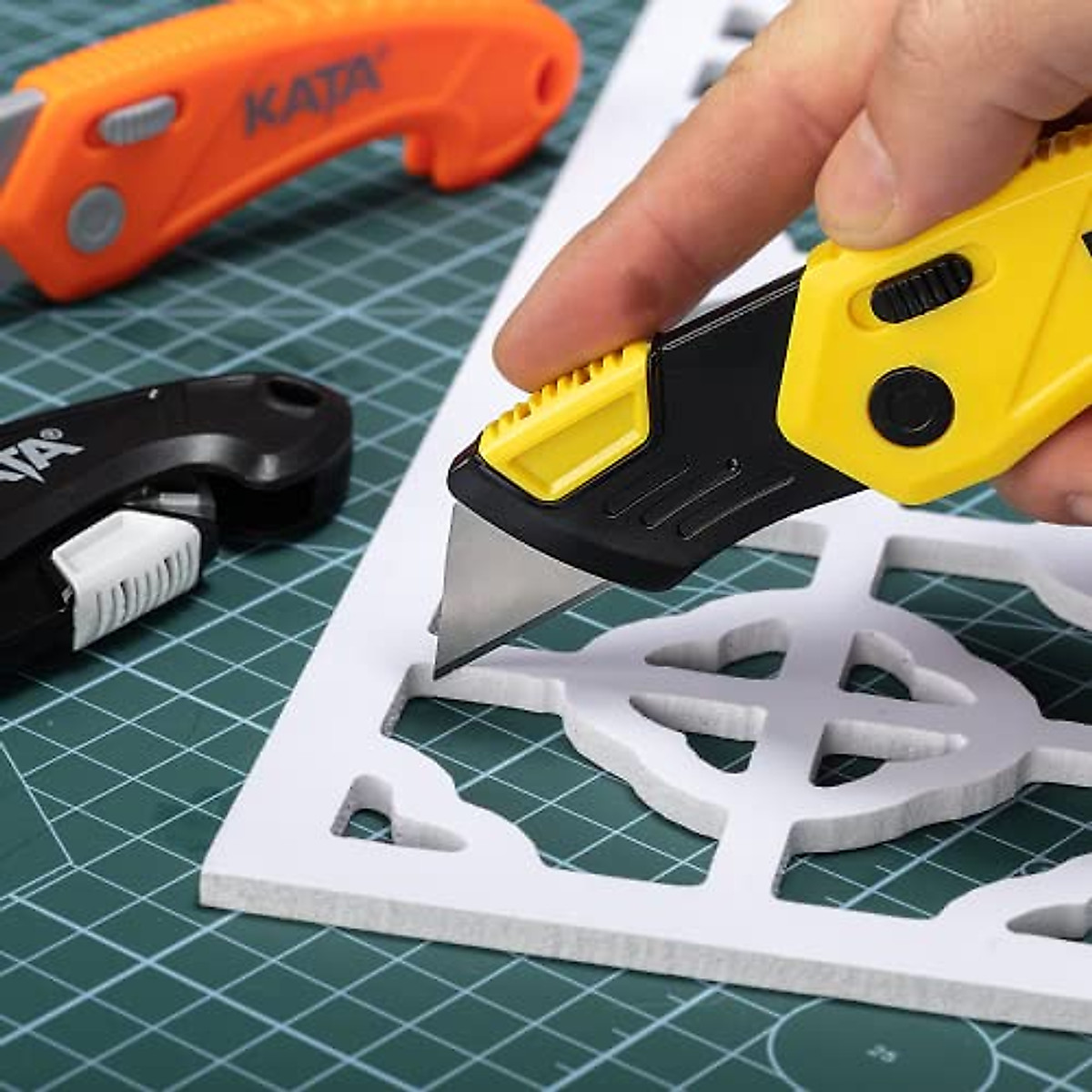 KATA 6-Pack Utility Knife, Folding Box Cutter for Cartons, Cardboard and Boxes, Quick Change Blade, 10pcs Extra SK5 Blades Included, Lock Back Mechanism