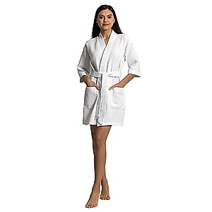 Chakir Turkish Linens Lightweight - Quick Dry Waffle Knit Bath, Spa and Bridesmaids Kimono Short Robe (White, One Size)