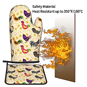 DEYIMERI Chickens Rooster Oven Mitts and Pot Holders Sets,Heat Resistant Oven Gloves with Hanging Loop for Safe Kitchen,Cooking,Baking,Grilling
