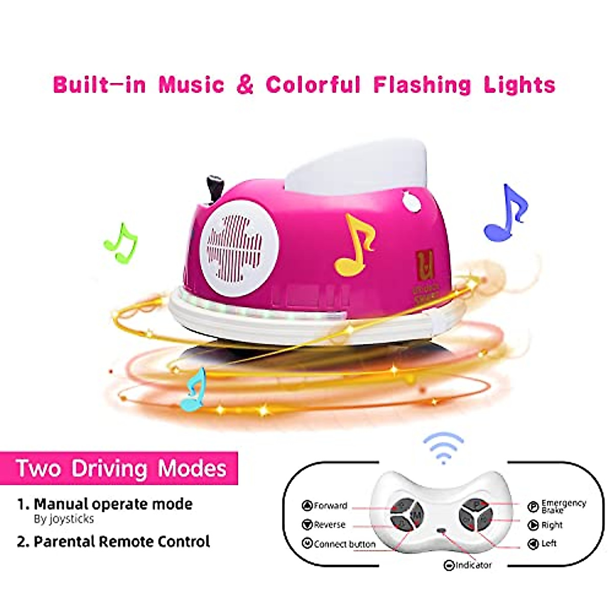 u URideon Ride On Bumper car for Kids, 6V Electric Vehicle Ride on Toys with Remote Control, Music,Colorful Flashing Lights,Battery Powered (Pink)