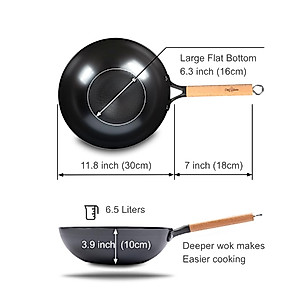 ChefSeason Carbon Steel Wok, 12.6" Round Bottom Wok Pan for Stir-Frying, Large Uncoated Nonstick Chinese Wok, Pre-Seasoned Deep Pow Wok for Gas Cooktops, Free Shopping Bag