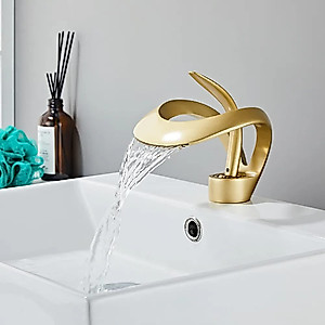 Lovedima Elegant Waterfall Single Handle 1-Hole Bathroom Vessel Sink Faucet Solid Brass Lavatory Vanity Sink Faucet,Frosted Gold