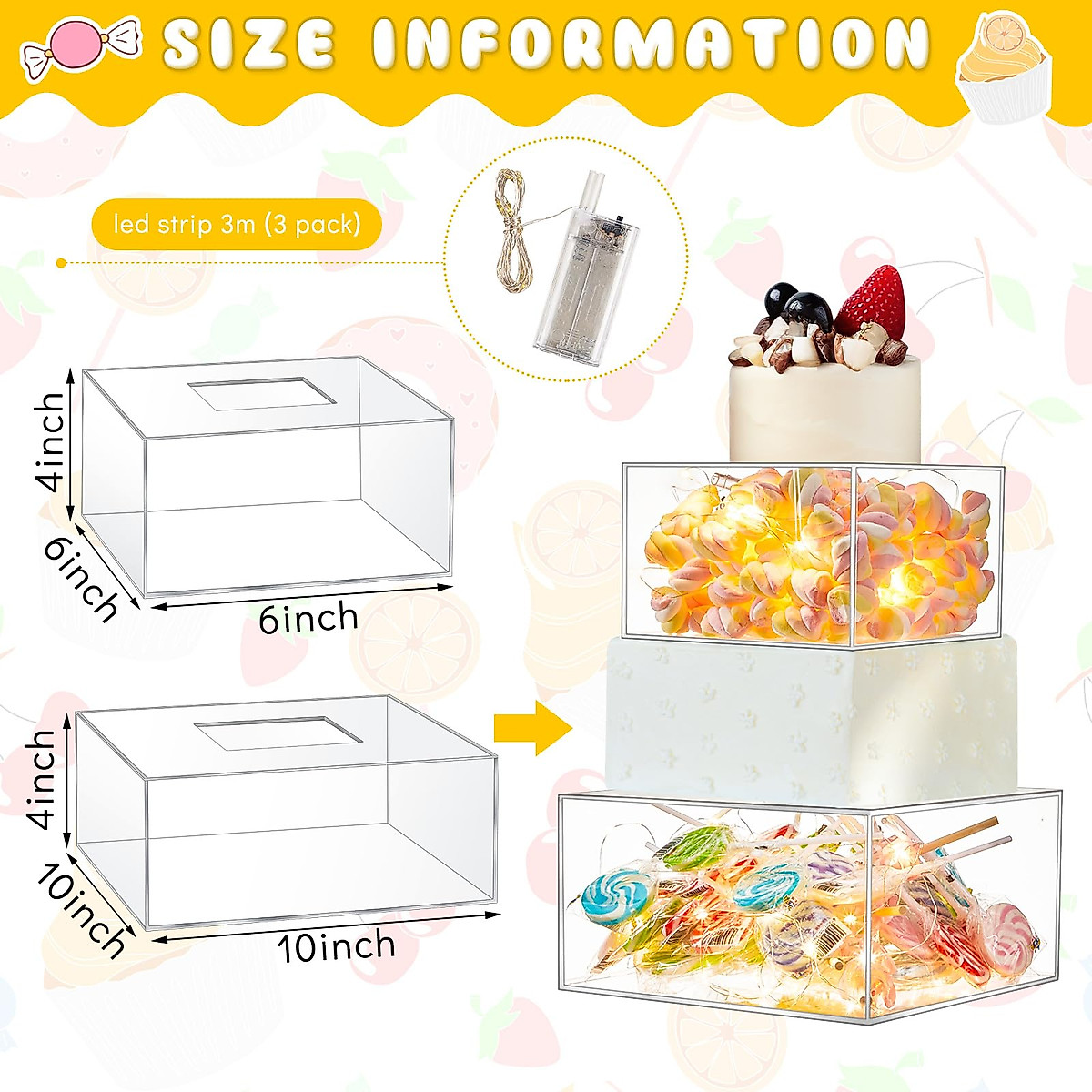 Sintuff 2 Pcs Square Acrylic Cake Stand 2 Tiers 6''/10'' Clear Fillable Cake Riser with LED String Light Cupcake Stand with Lid for Wedding Birthday Party Table Desserts