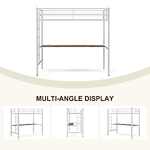 IKIFLY Metal Twin Size Loft Bed with Desk & Charging Station, Heavy Duty Loft Bed Frame with Safety Guard Rail and Ladder, Space-Saving Design, Noise Free, No Box Spring Needed - White