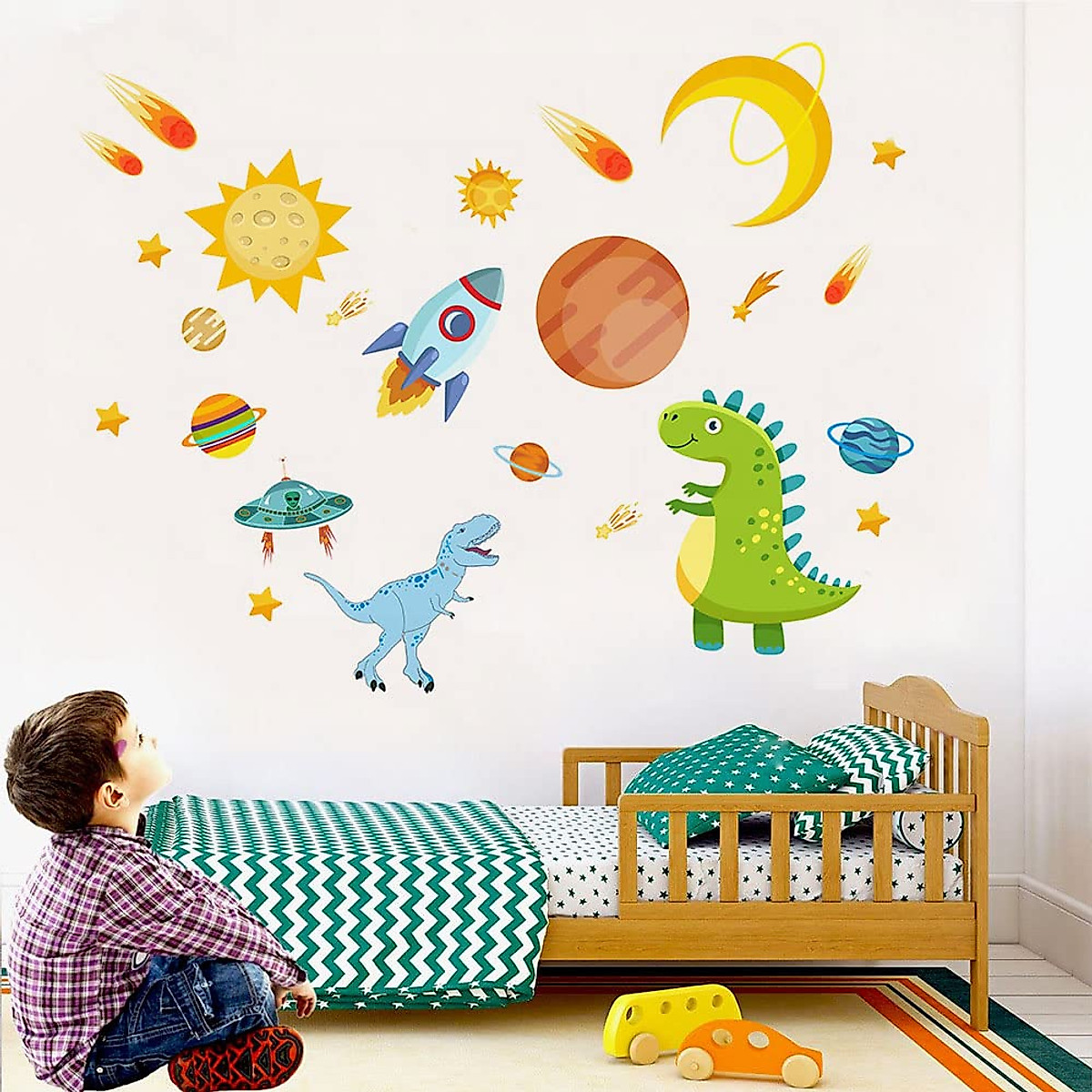 Dinosaur Outer Space Wall Decals, Dino Rocket Spaceship Decor Animal Planet Solar System Wall Sticker for Kid’s Bedroom Nursery Playroom Classroom Wall Decor
