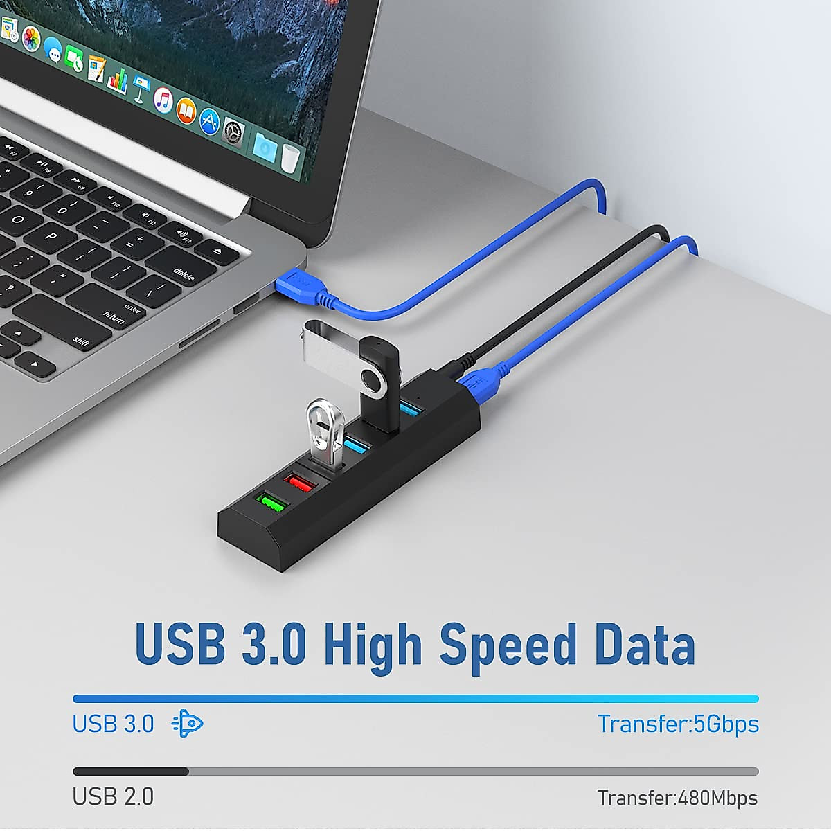 USB Hub, Aiibe 6 Ports Super High Speed USB 3.0 Hub Splitter + 24W Power Adapter + USB 3.0 Cable, Black Smart Fast Charger Powered USB Hub for Laptop, Mac, PC, Mobile HDD, Mulitple Devices