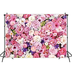 Pink Floral Photography Backdrop Mother's Day Decoration 7x5FT Flower Wall Photo Background for Girls Bridal Wedding Baby Shower Birthday Party Cake Tables Decoration Studio Props