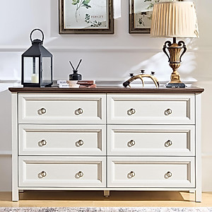 OKYCI Farmhouse 6 Drawer Dresser for Bedroom, Double Wood Chest of Drawers with 1.2" Thickened Top - 54" W x 31.5" H, Antique White