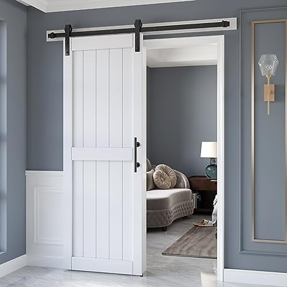 Finosen 30in x 84in White Barn Door Slab with 5.5FT Sliding Door Hardware Kit,Waterproof,Anti-Scratch,DIY Easy Assembly,Easy to Clean,H Frame