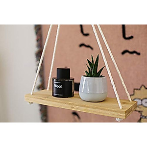 Kuratere Bamboo Hanging Wall Shelf - Indoor BoHo Plant Shelf - Macrame Rope 12 Inch Eco Friendly Wooden Floating Shelves for Organized Bedrooms, Living Rooms, Closets or Bathrooms