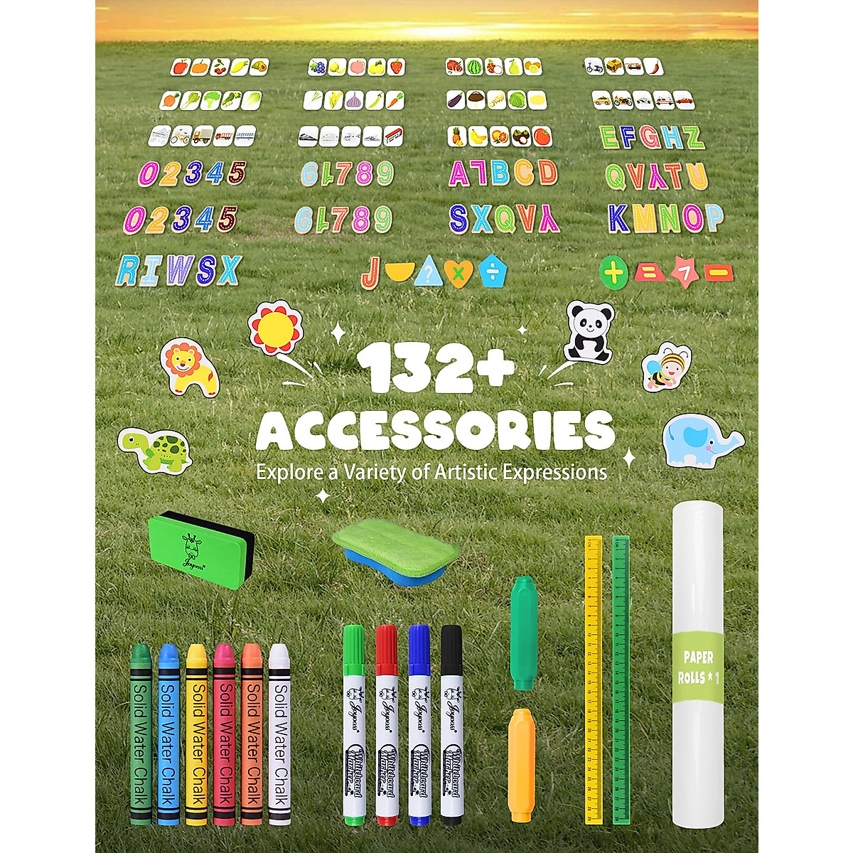 Joyooss Art Easel for Kids, Double-Sided Magnetic Easel for Children with Whiteboard & Chalkboard, Deluxe Standing Easel for Toddler with Paper Roll & Painting Accessories Painting Station for Kids