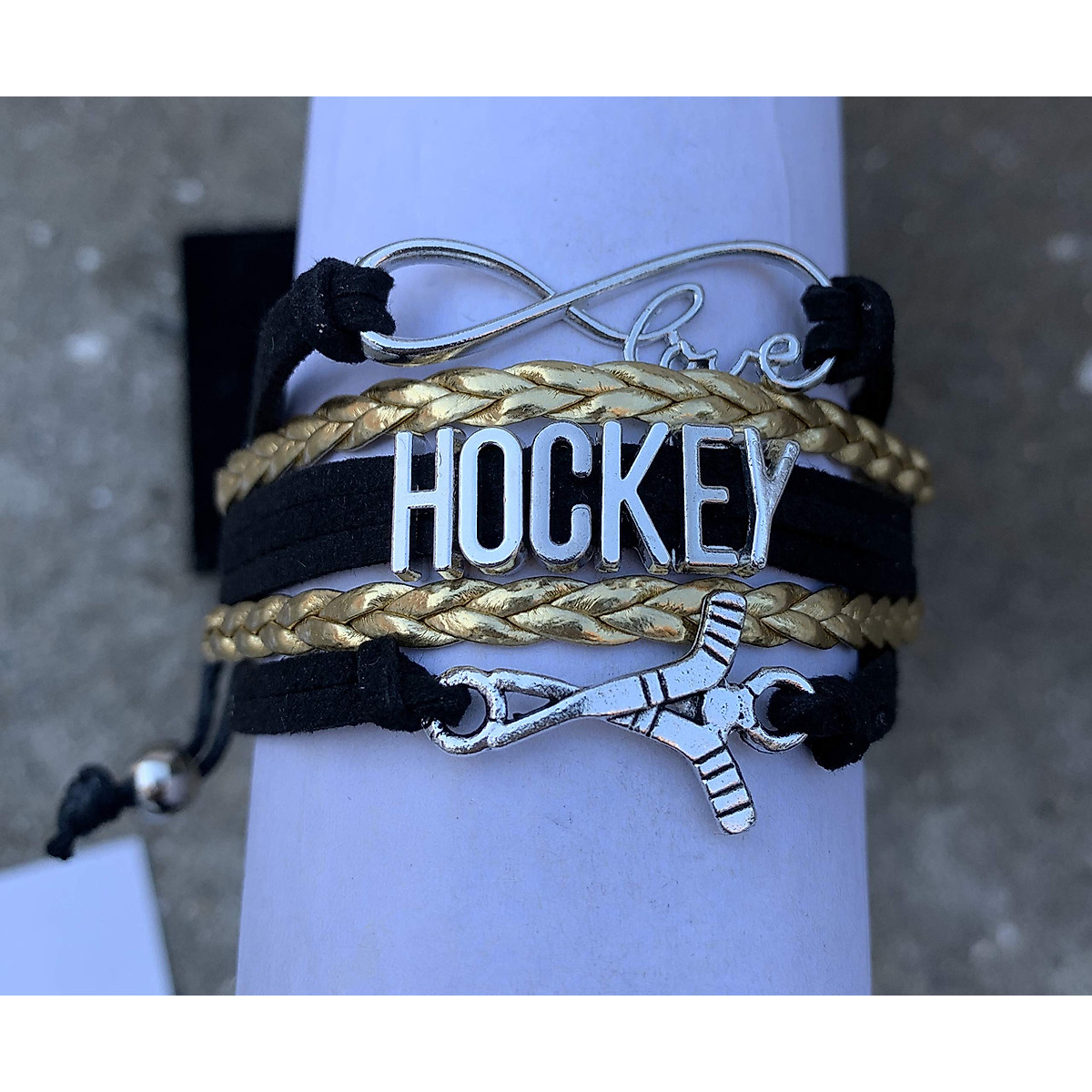 Sportybella Hockey Stick Charm Bracelet (Black/Gold) - Adjustable Bracelet for Women, Teens and Girls