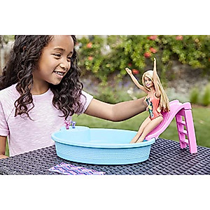 Barbie Doll and Pool Playset with Pink Slide, Beverage Accessories and Towel, Blonde Doll in Tropical Swimsuit