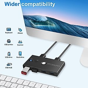 USB 3.0 KVM Switch Selector 2 Computers Sharing 4 USB Devices 4 Port USB Peripheral Switcher Box 2 in 4 Out with One-Button Swapping 2 Pack USB 3.0 Cable for Mouse, Keyboard, Scanner,Printer,Computer