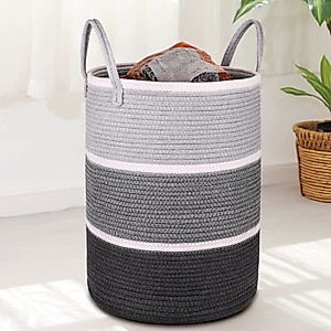 KINGSUSLAY Laundry Hamper, Laundry Basket,Tall Woven Baskets for Blanket storage,Toys,Pillows, Christmas Gifts, Extra Large Nursery Hampers for Laundry(Grey with White-12"x16" Inch)