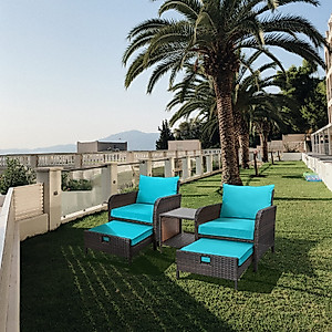 LEVELEVE Balcony Furniture 5 Piece Patio Conversation Set, PE Wicker Rattan Outdoor Lounge Chairs with Soft Cushions 2 Ottoman&Glass Table for Porch, Lawn-Brown Wicker