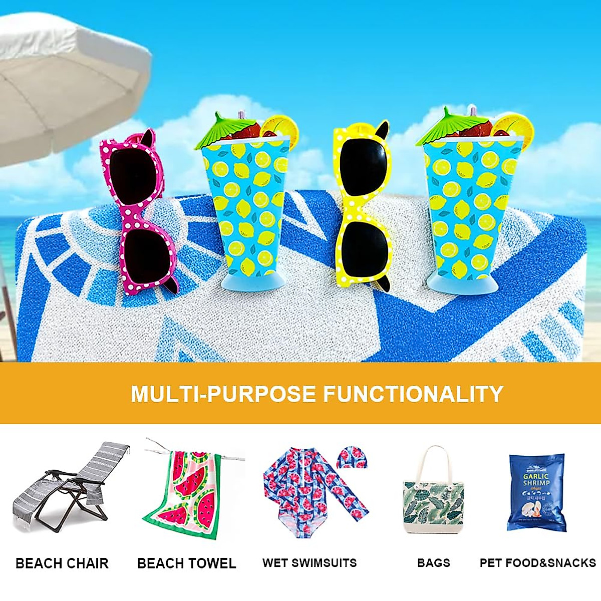 Kirmoo 4 Pieces Beach Towel Clips for Beach Pool & Cruise Chairs Cocktail Sunglasses,Plastic Clothes Pins Beach Towel Holders Secure Clips Set of 4 (Cocktail and Sunglasses)