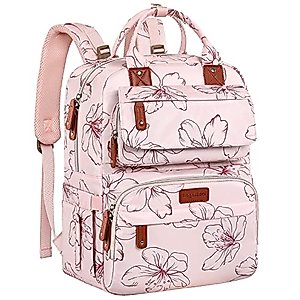 Legestori Floral Printed Diaper Backpack for Moms - Large Pink Bag with Insulated Pockets and Stroller Straps for Baby Girls