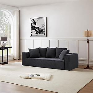 KEVINSPACE 89''Modern Sofa Couch for Living Room 3 Seater Comfy Sofa Corduroy Sofa Couches with 5 Pillows, All-Foam Sofa, NO Frame. No Assembly Required Sofa for Small Space, Apartment Black 22'' H
