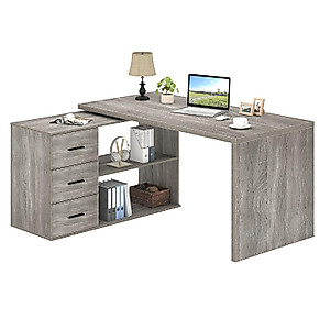 HSH 360° Rotating L Shaped Computer Desk with 3 Drawers and 2 Shelves, Home Office Swivel Desk for Work Writing Study Gaming, Reversible Wood Corner Desk with Storage Cabinet, Light Grey Oak, 55 Inch