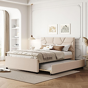 Favfurish Full Upholstered Platform Bed with Brick Pattern Headboard, with Twin Size Trundle,for Bedroom,Living, Guest Room,Apartment, Linen Fabric,Beige