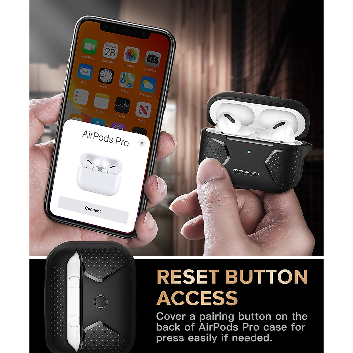 MOBOSI Net Series Silicone Airpods Pro Case Cover for AirPods Pro, Full-Body Rugged Shock Absorbing Protective Carabiner Compatible with Airpod Pro Wireless Charging, Black [Front LED Visible]