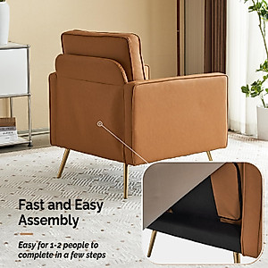 VINGLI Modern PU Leather Accent Chair for Living Room,Bedroom Comfy Chair Arm Chair Reading Chair with Golden Metal Legs and Deep Seat for Office,Apartment,Small Space,Cognac